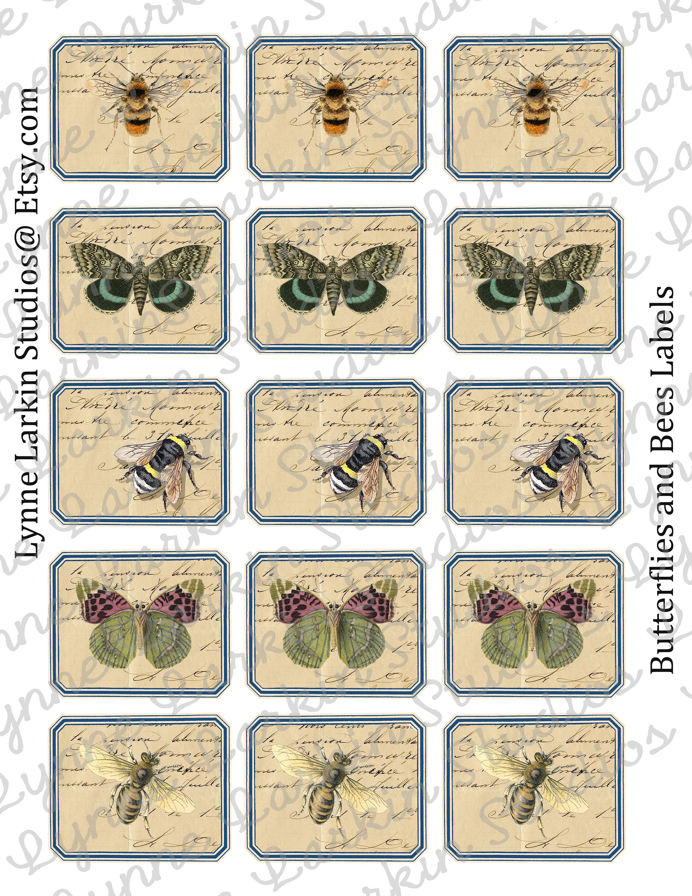Bees and Butterflies Labels INSTANT DOWNLOAD Digital Paper Vintage ...
