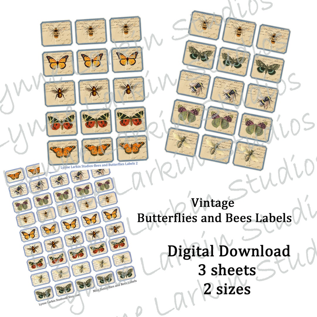 Bees and Butterflies Labels INSTANT DOWNLOAD Digital Paper Vintage ...