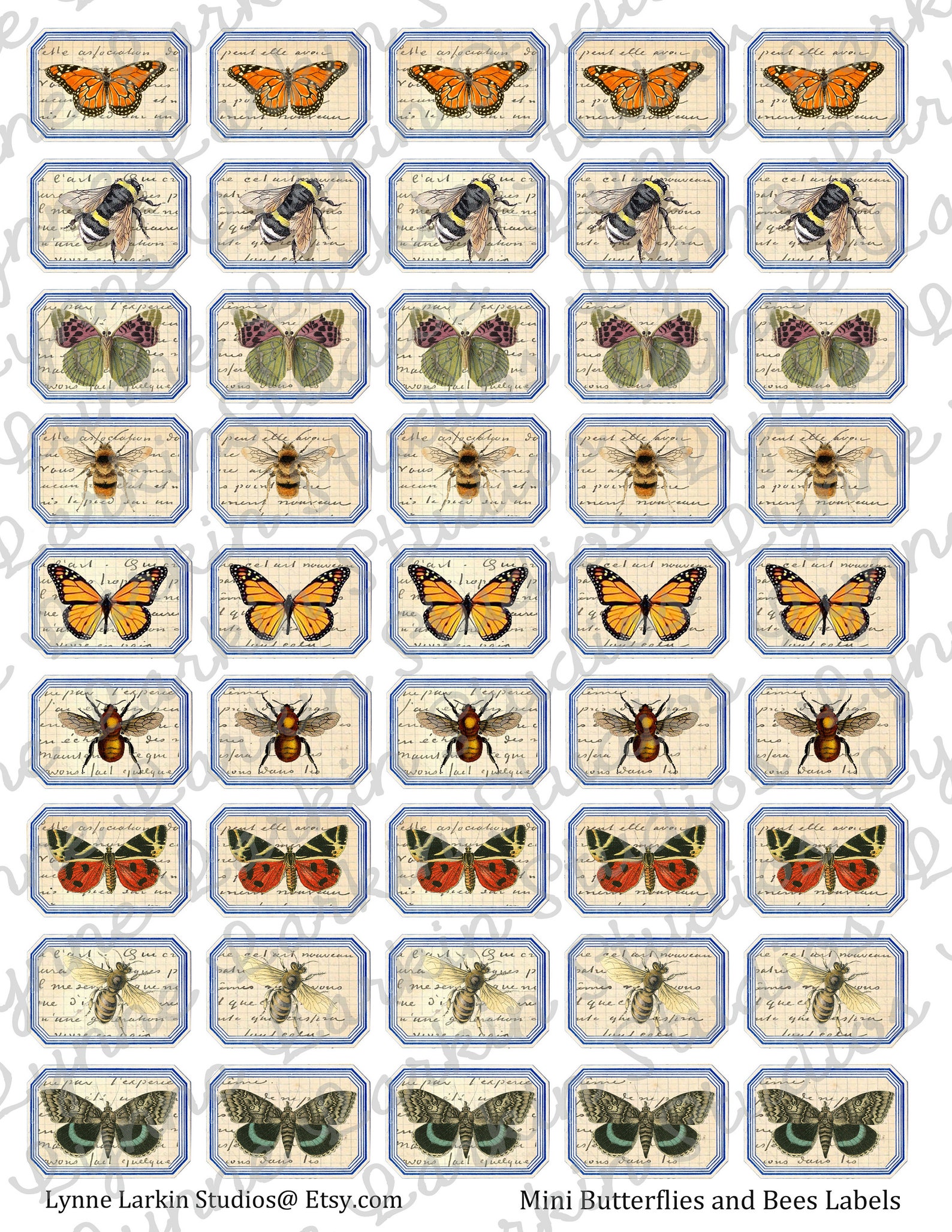 Bees and Butterflies Labels INSTANT DOWNLOAD Digital Paper Vintage ...