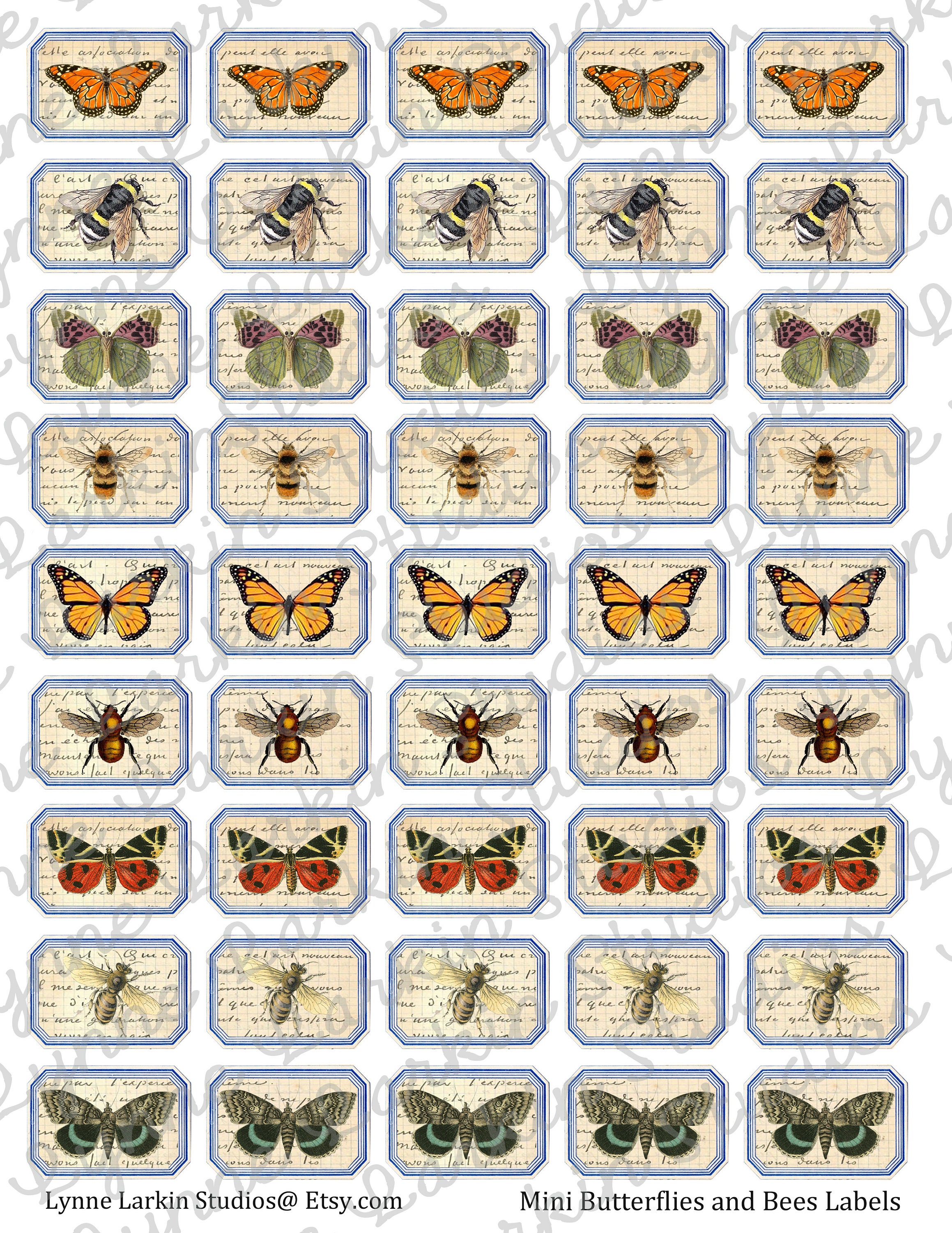 Bees and Butterflies Labels INSTANT DOWNLOAD Digital Paper Vintage ...