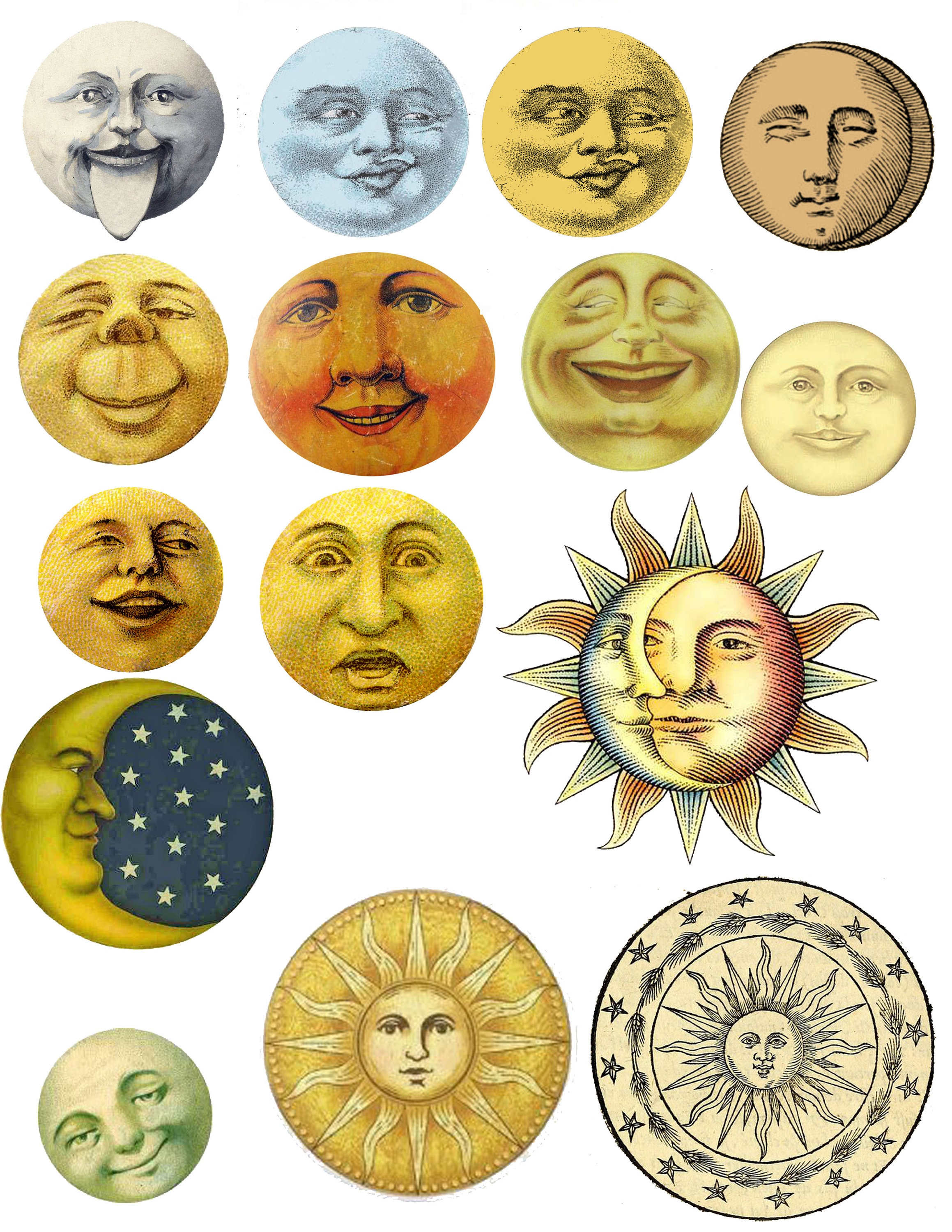 Sun and Moon Digital Download Elements for Collage, Mixed Media Art ...