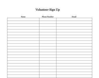 Volunteer Sign in Sheet, Volunteer Sign up List, Printable Sign in ...
