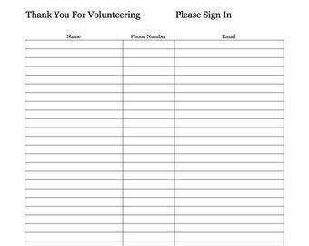 Volunteer Sign in Sheet, Volunteer Sign up List, Printable Sign in ...