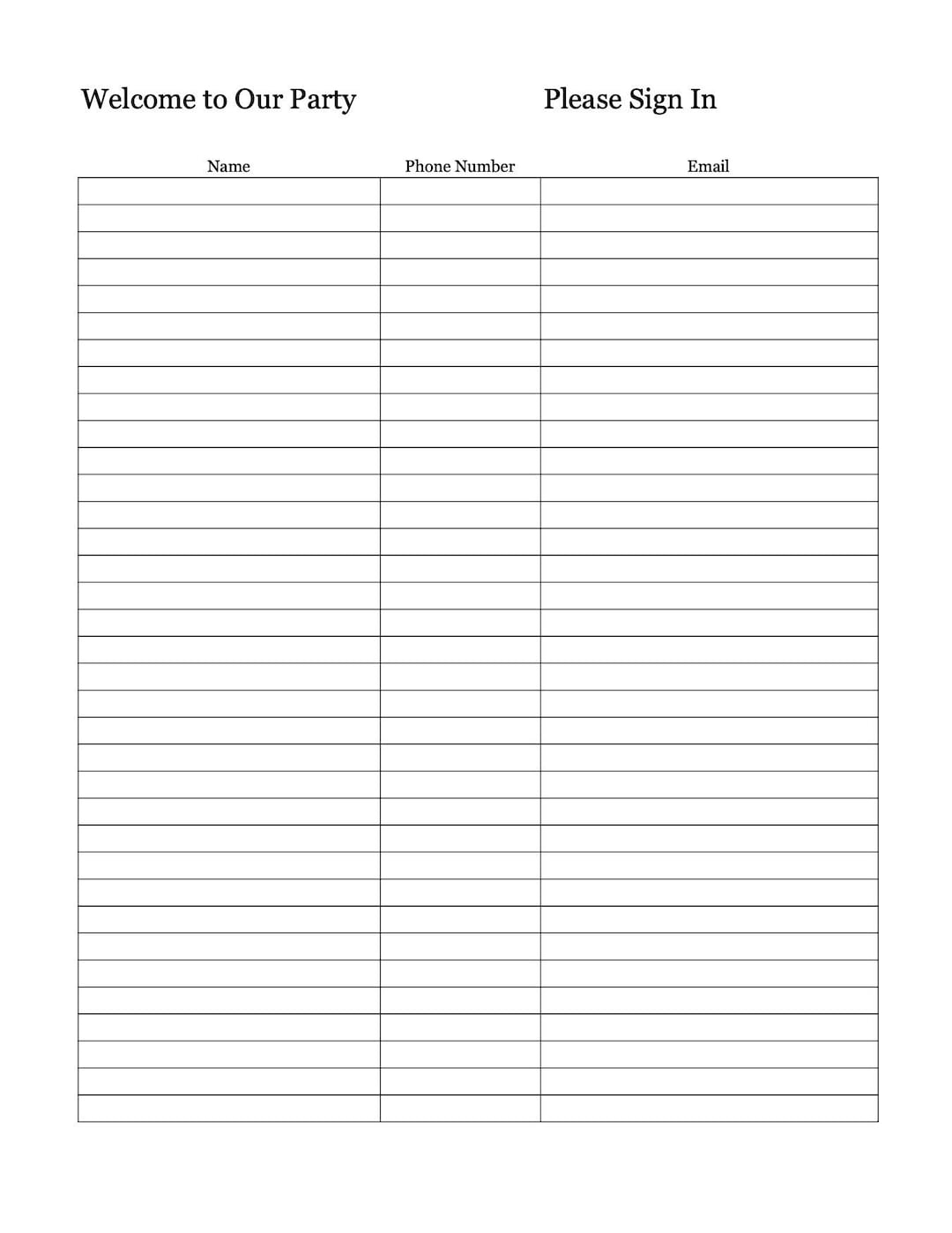 Party Sign in Sheet, Party List, Party Sheet, Welcome to the Party ...
