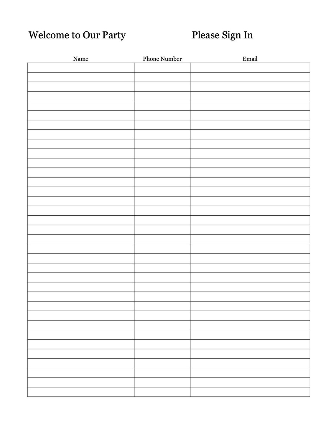 Party Sign in Sheet, Party List, Party Sheet, Welcome to the Party ...