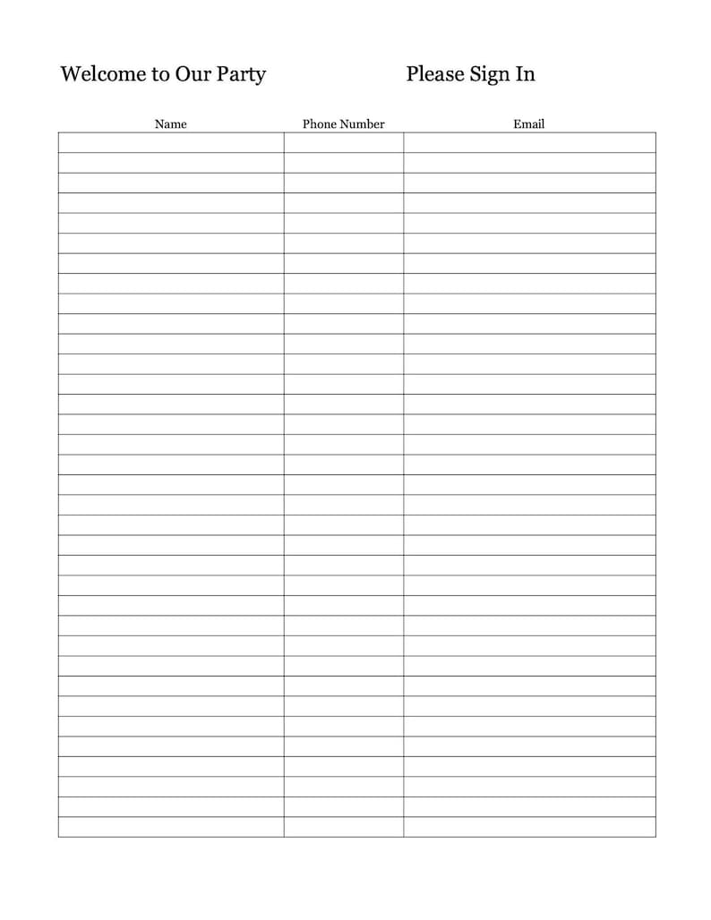 Party Sign in Sheet, Party List, Party Sheet, Welcome to the Party ...