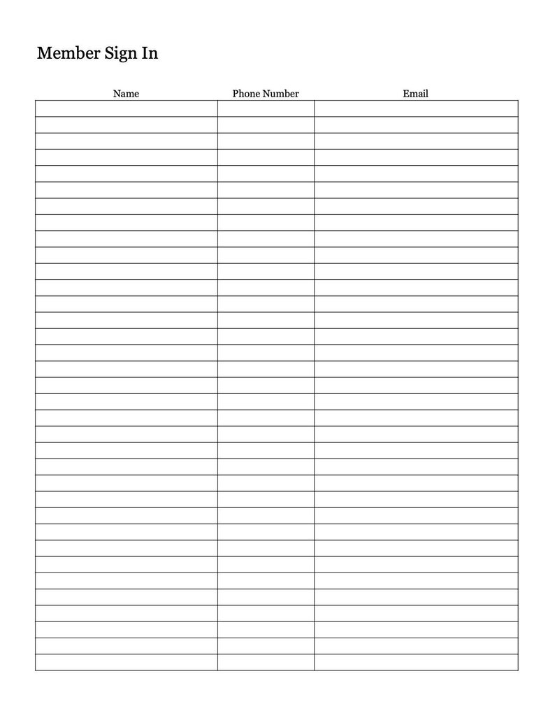 Member Sign in Sheet, Membership Sign Up, Member Sign Up, Member Sheet ...