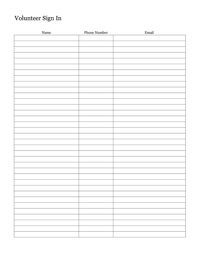 Volunteer Sign in Sheet, Volunteer Sign up List, Printable Sign in ...