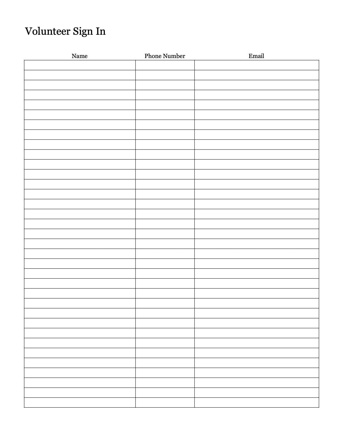 Volunteer Sign in Sheet, Volunteer Sign up List, Printable Sign in ...