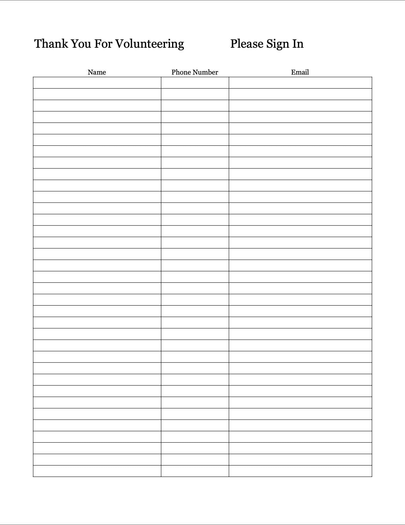 Volunteer Sign in Sheet, Volunteer Sign up List, Printable Sign in ...
