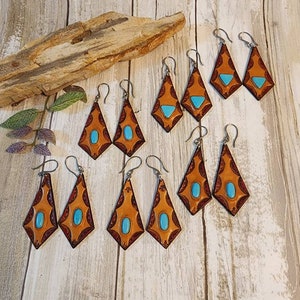 Southwest Turquoise Inlay Leather Earrings/ Leather Earrings/hand ...