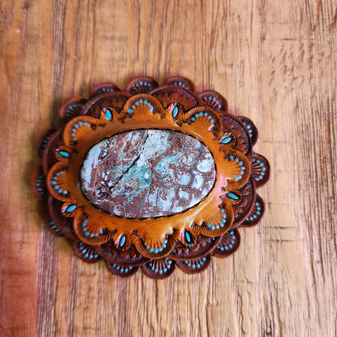 Handmade Tooled Leather Concho With Gemstones, Western Leather Concho ...