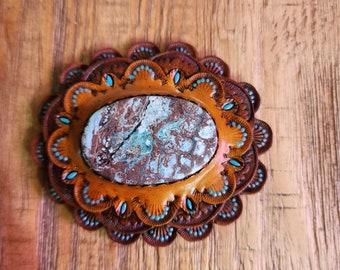 Handmade Tooled Leather Concho With Gemstones, Western Leather Concho ...