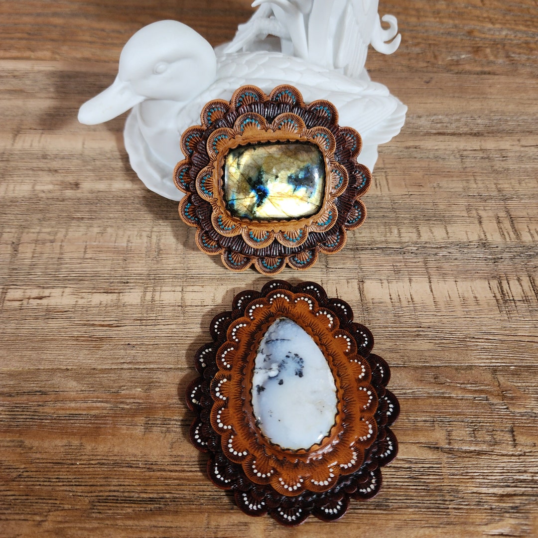 Handmade Tooled Leather Conchos With Gemstone Inlay - Etsy