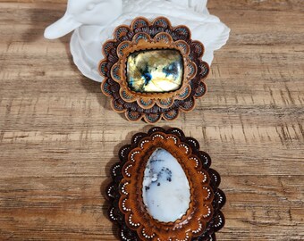 Leather Tooled Conchos With Gemstone, Leather Concho for Bags, Hats ...