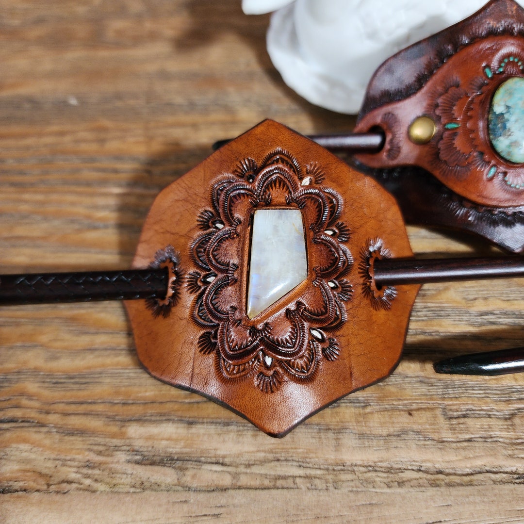Western Tooled Leather Hair Slides (barrettes) With Gemstone Inlay ...