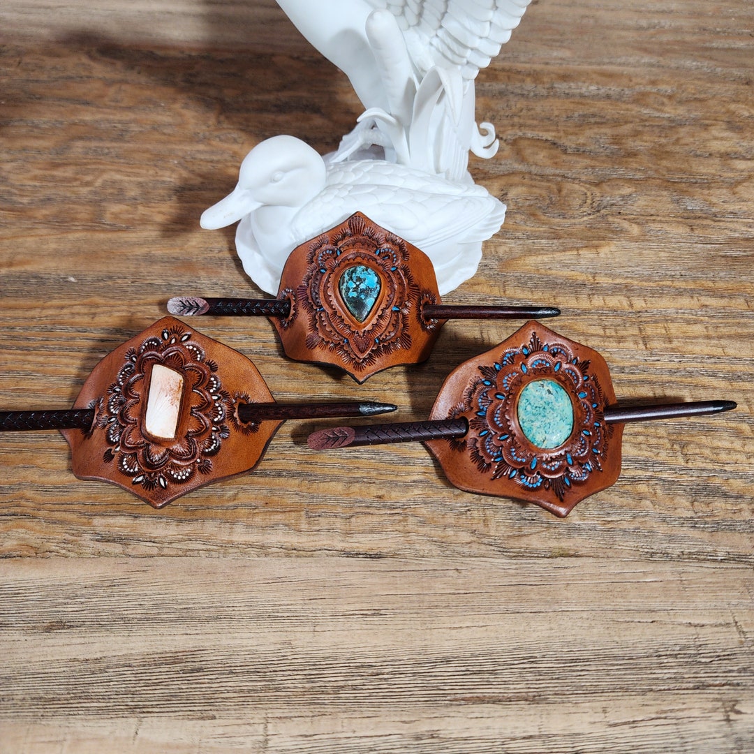 Tooled Leather Hair Barrett Slides With Gemstones, Hair Accessories - Etsy