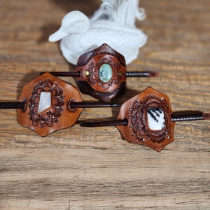 Western Tooled Leather Hair Slides (barrettes) With Gemstone Inlay ...