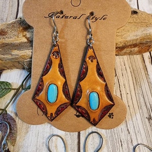 Southwest Turquoise Inlay Leather Earrings/ Leather Earrings/hand ...