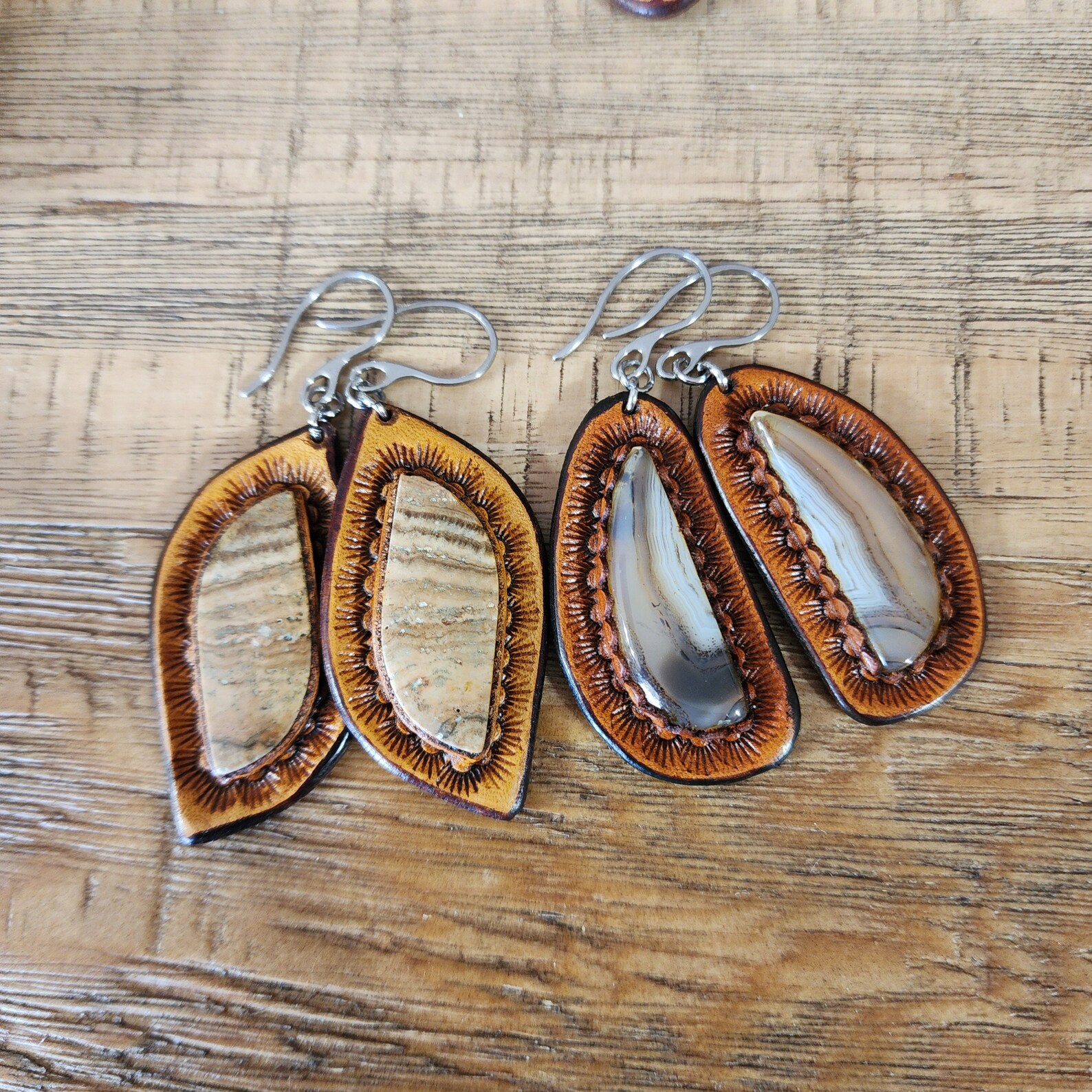 Tooled Leather Earrings With Gemstones Inlay - Etsy
