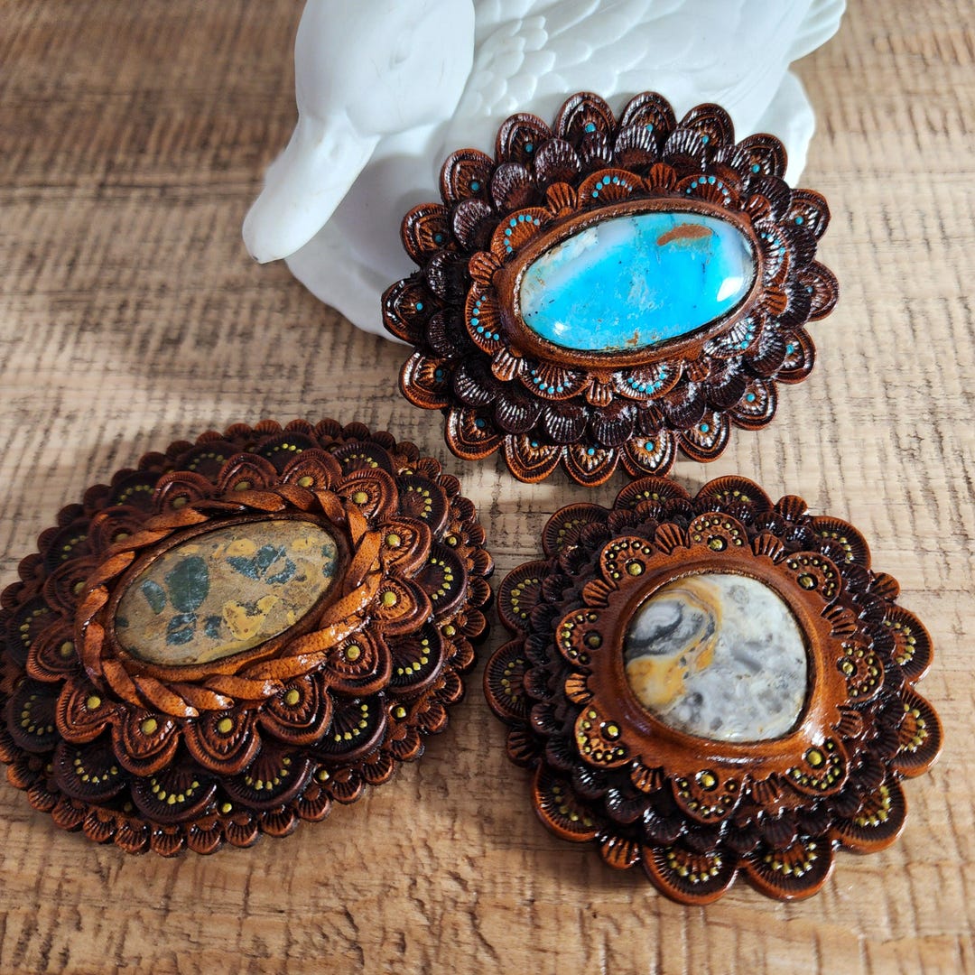 Handmade Tooled Leather Conchos With Gemstones - Etsy