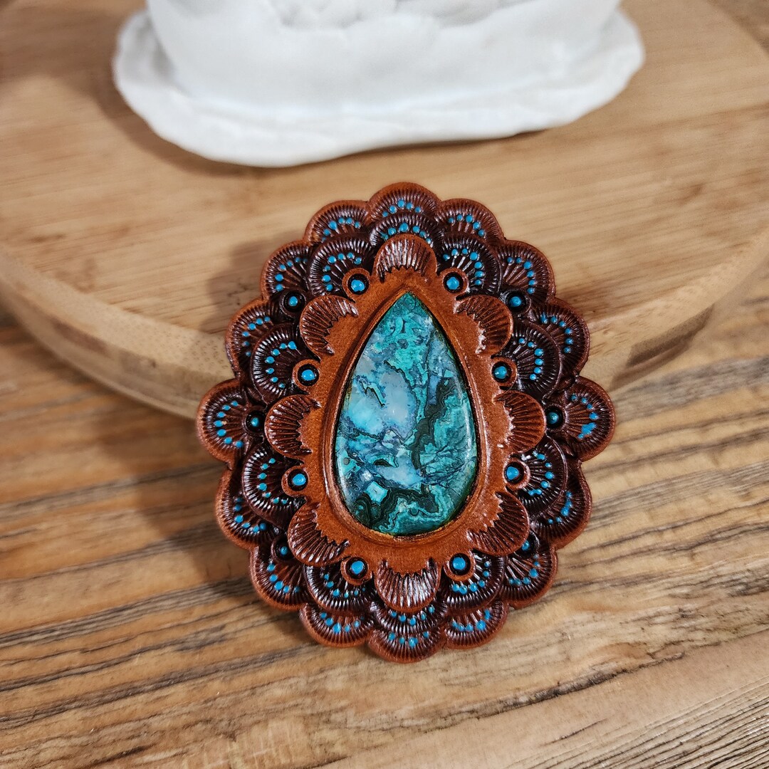 Leather Concho With Gemstones, Tooled Leather Concho for Bags, Purse ...