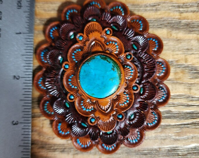 Tooled Leather Concho With Turquoise Gemstone, Leather Concho ...