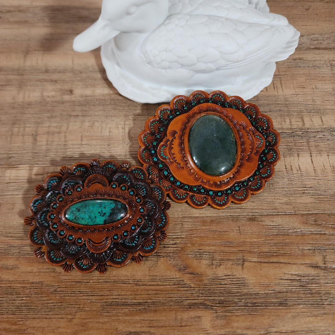 Handmade Tooled Leather Concho With Blue Clestite or Chrysocolla Inlay ...