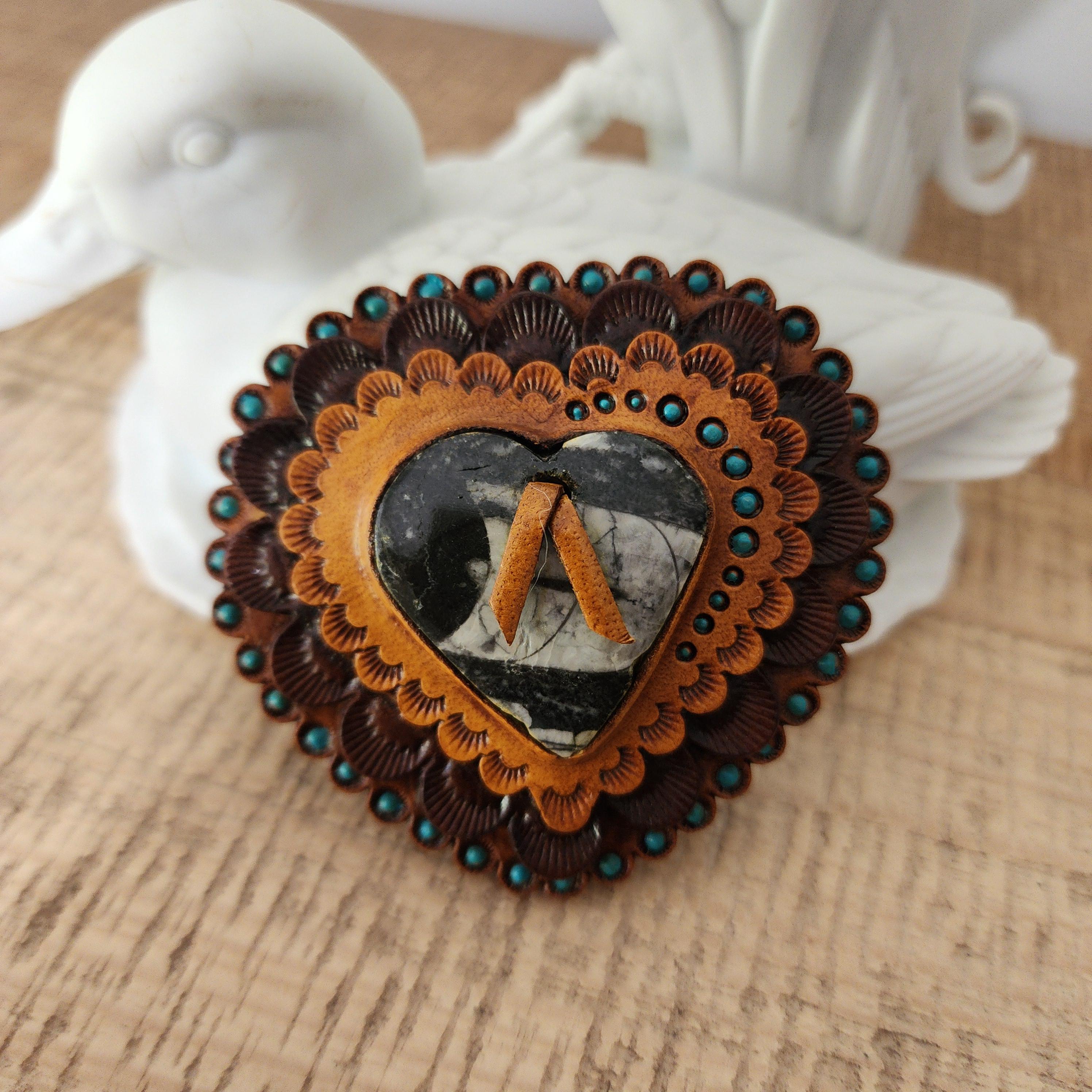 Handmade Heart-shaped Tooled Leather Concho With Gemstones - Etsy