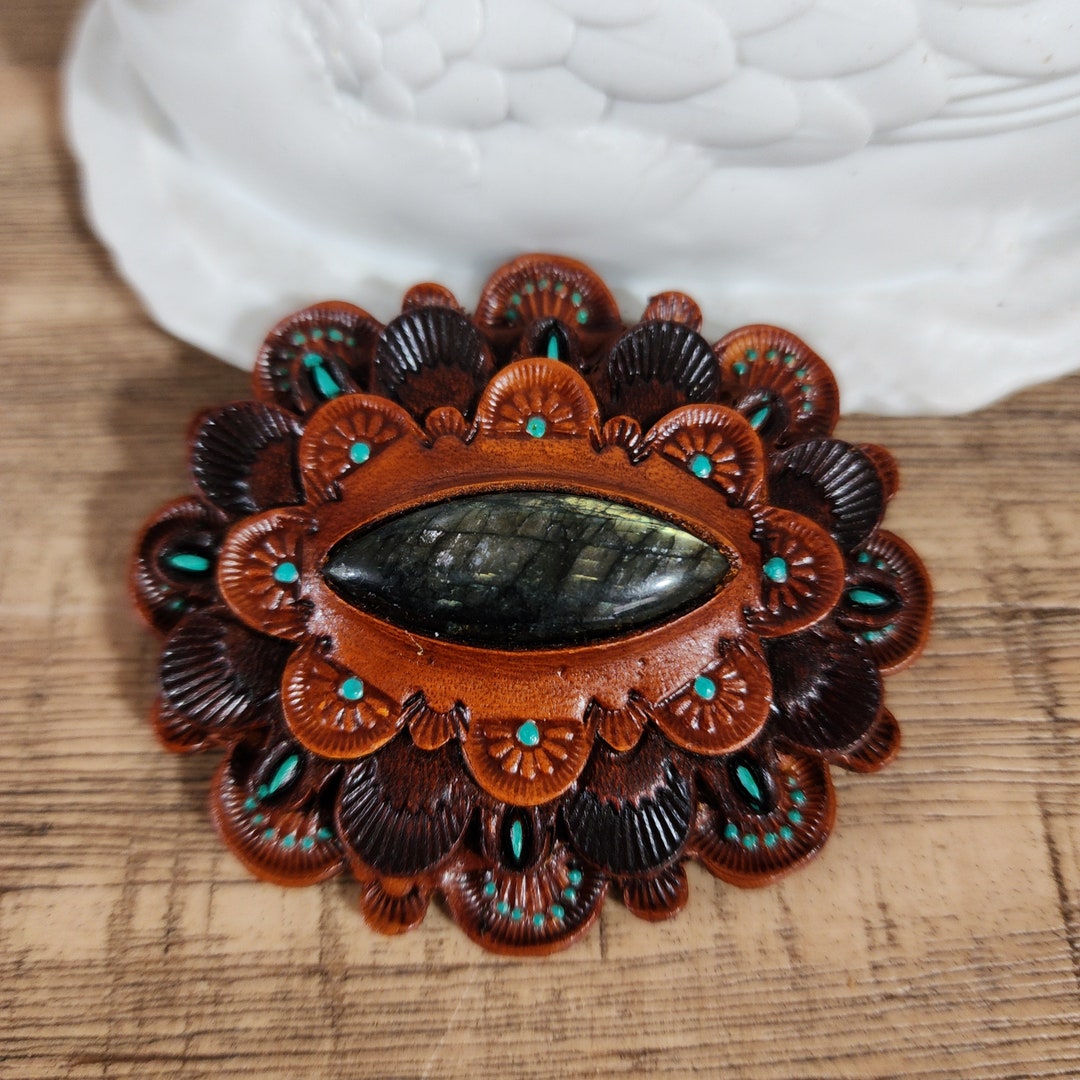 Handmade Tooled Leather Concho With Gemstones for Bags and More - Etsy