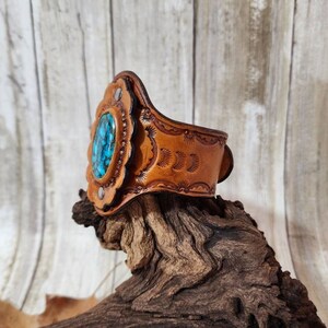 Rossett With Turquoise Inlay Leather Cuff/tooled Leather Cuff/turquoise ...