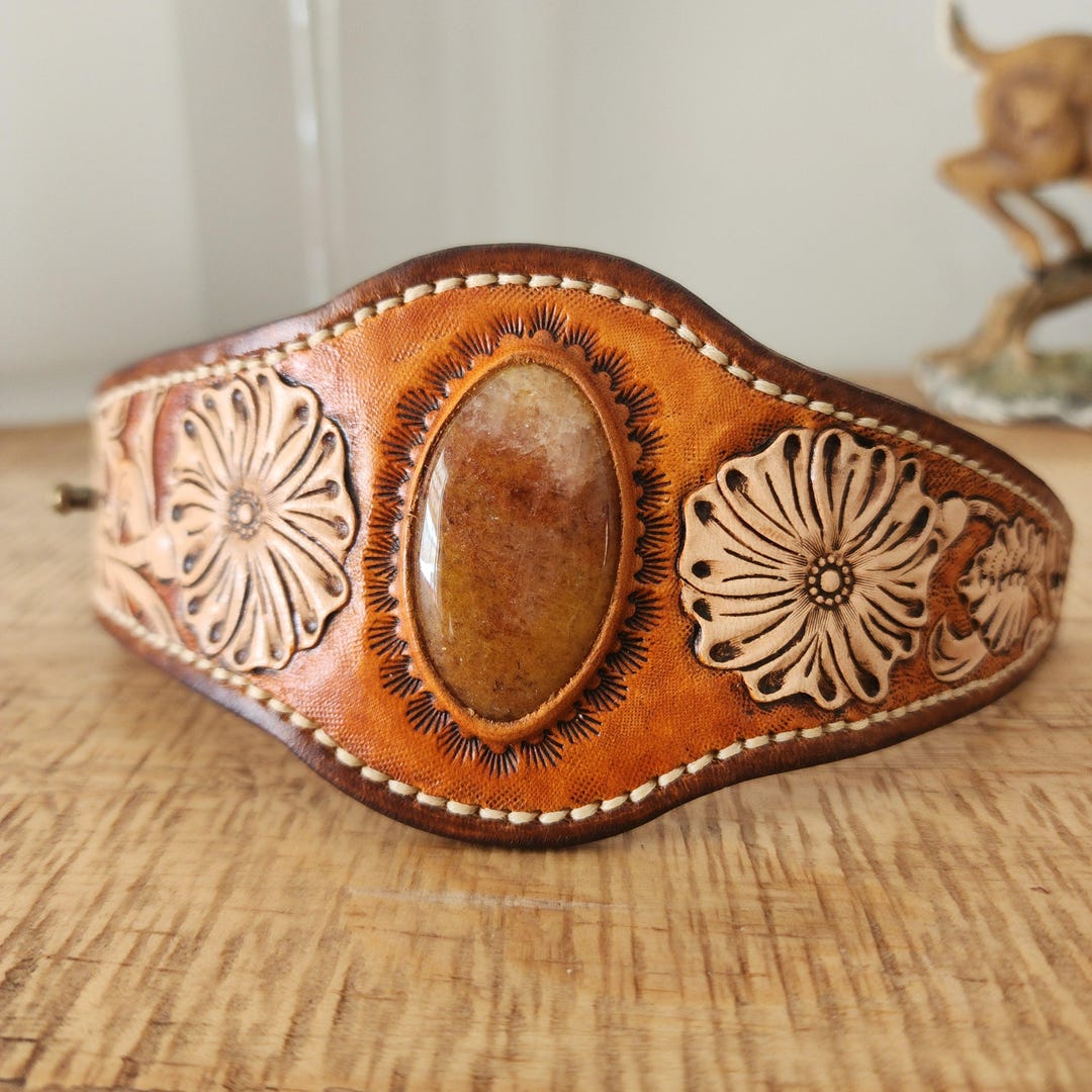 Sunstone Leather Cuff, Tooled Leather Cuff With Stones - Etsy