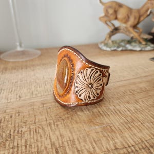 Sunstone Leather Cuff, Tooled Leather Cuff With Stones - Etsy