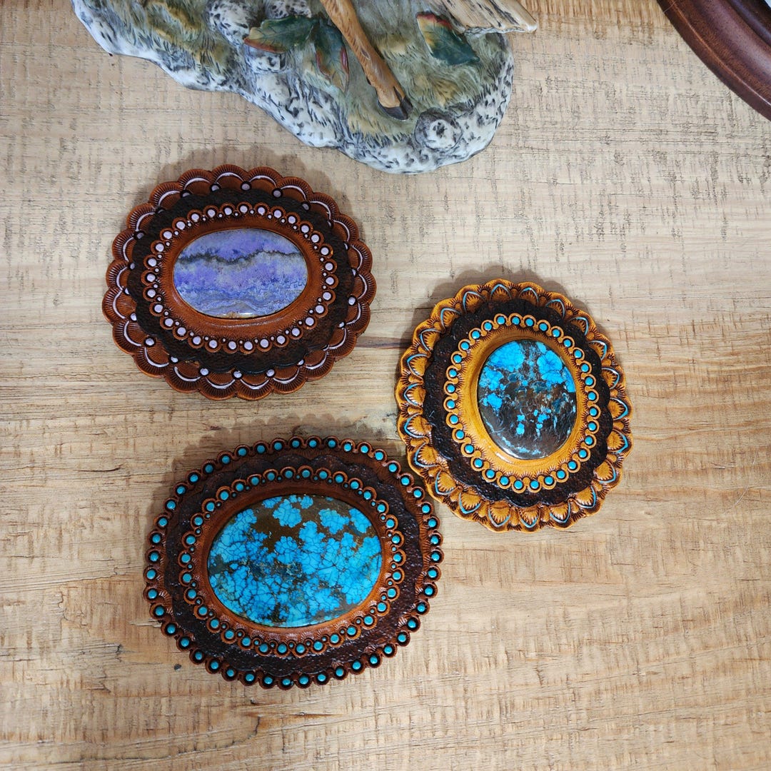 Large Tooled Leather Western Conchos With Stone - Etsy