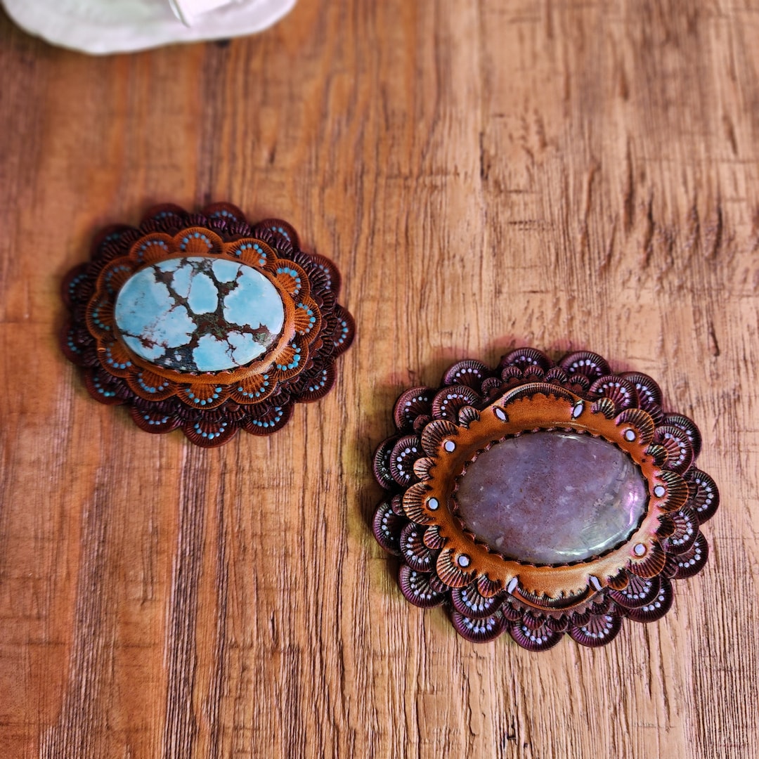 Handmade Tooled Leather Concho With Gemstones, Western Leather Concho ...