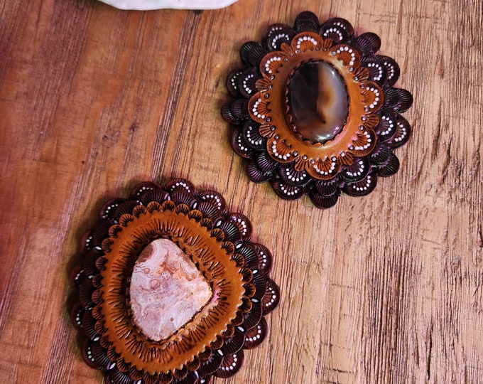 Handmade Tooled Leather Concho With Gemstones, Western Leather Concho ...