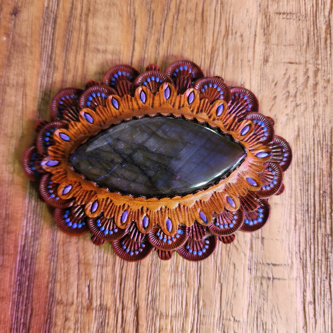 Handmade Tooled Leather Concho With Gemstones, Western Leather Concho ...