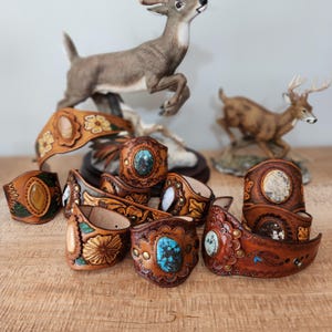 Tooled Leather Cuff With Chrysocolla Inlay - Etsy