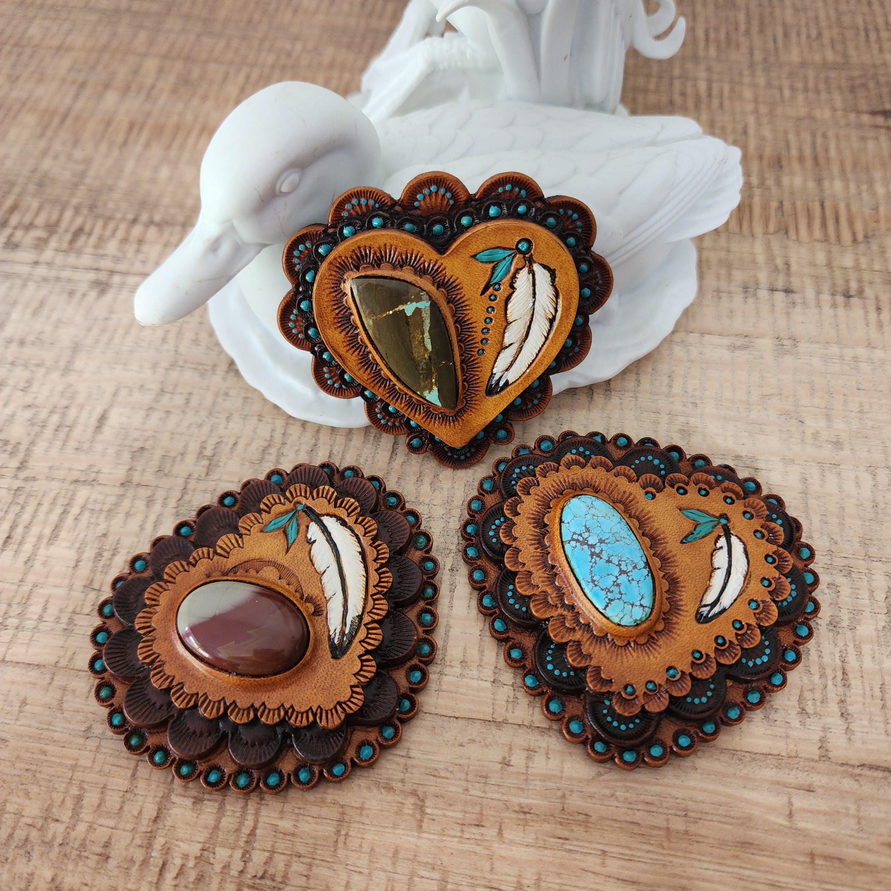 Leather Heart Conchos, Tooled Leather Concho With Gemstones - Etsy