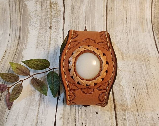 Fire Agate Leather Tooled Cuff, Quartz Leather Cuff, Lapis Stone Tooled ...