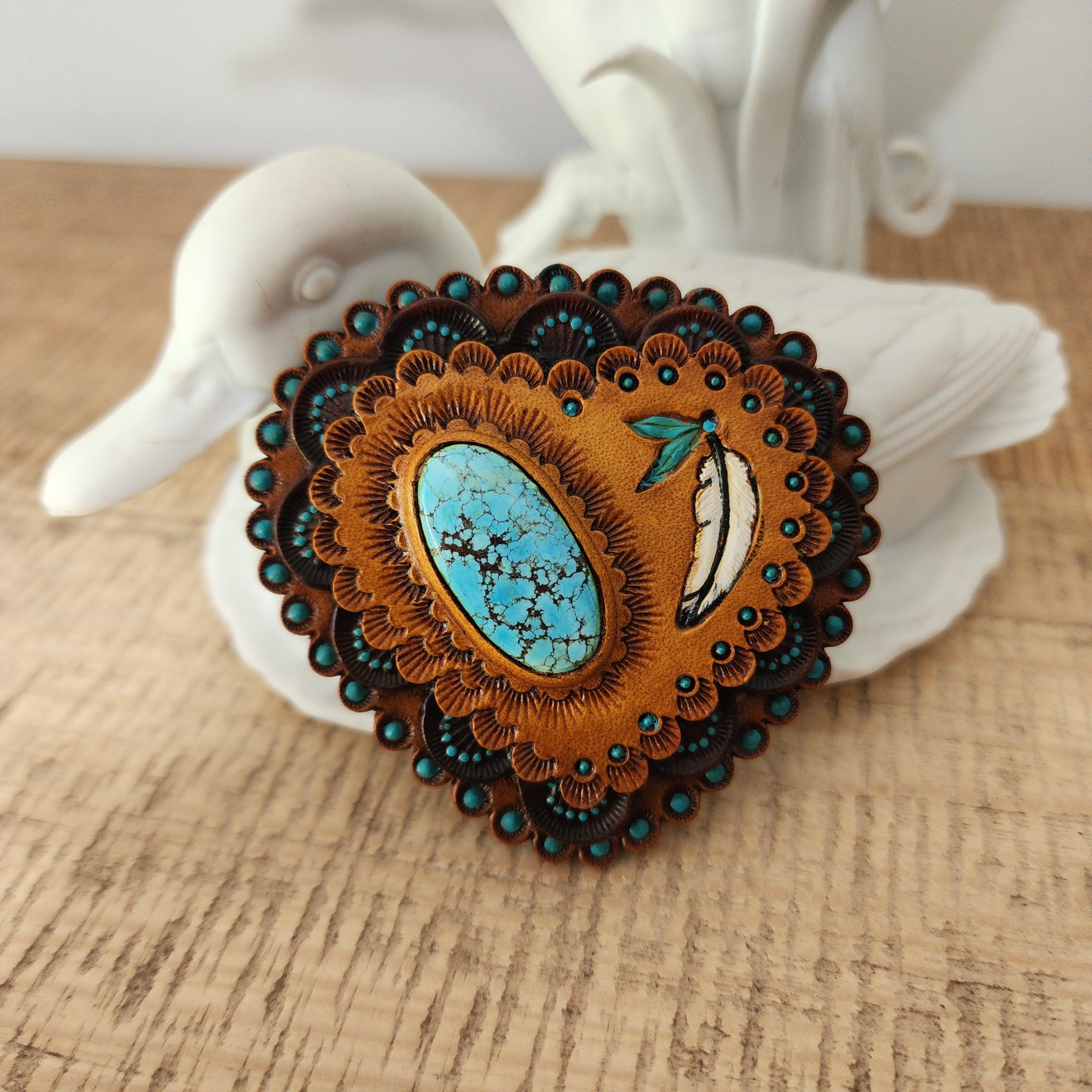 Leather Heart Conchos, Tooled Leather Concho With Gemstones - Etsy