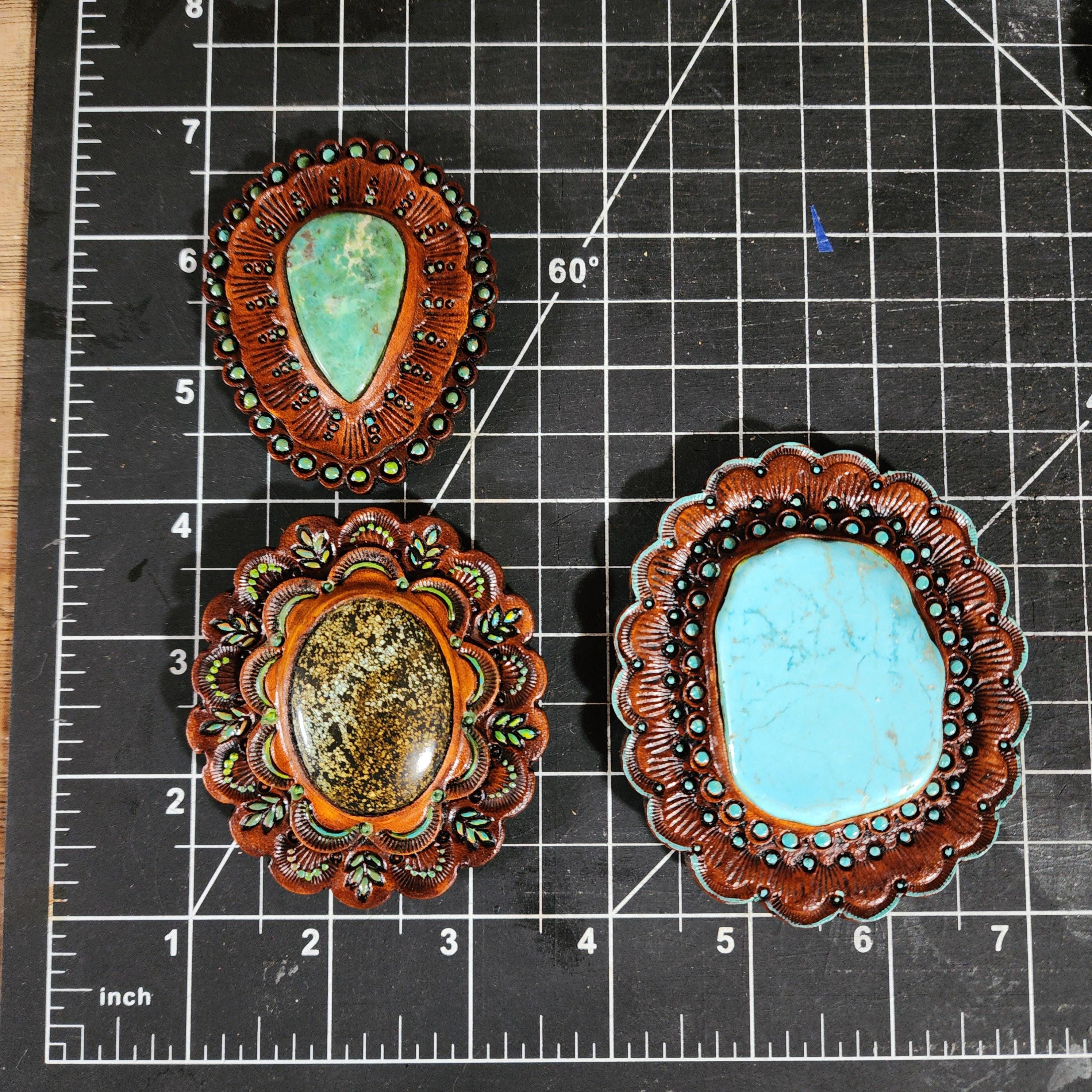 Handmade Tooled Leather Concho With Large Turquoise Stones - Etsy
