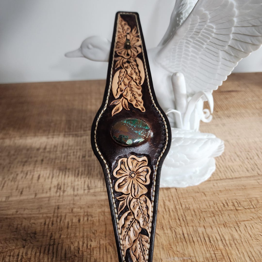 Tooled Leather Cuff With Stone Inlay - Etsy