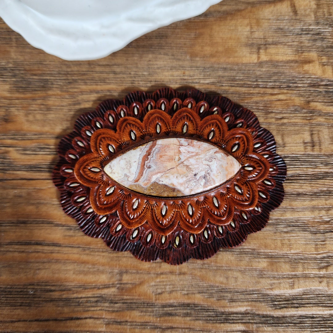 Gemstone Concho, Tooled Leather Concho With Gemstone Inlay for ...