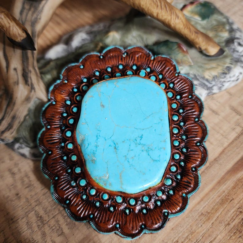 Handmade Tooled Leather Concho With Large Turquoise Stones - Etsy