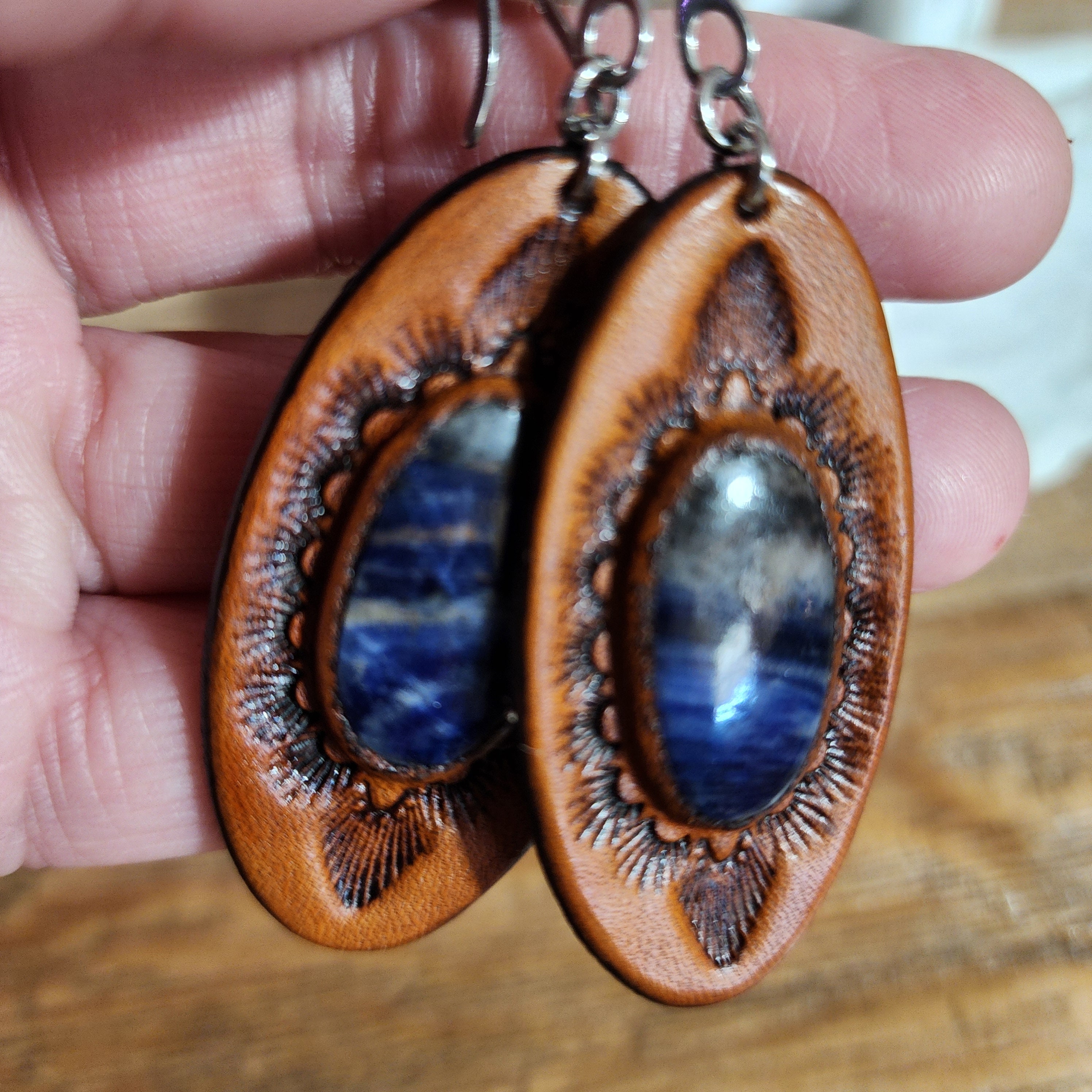 Lapis Stone Earrings in Tooled Leather, Amethyst Stone Earrings in ...