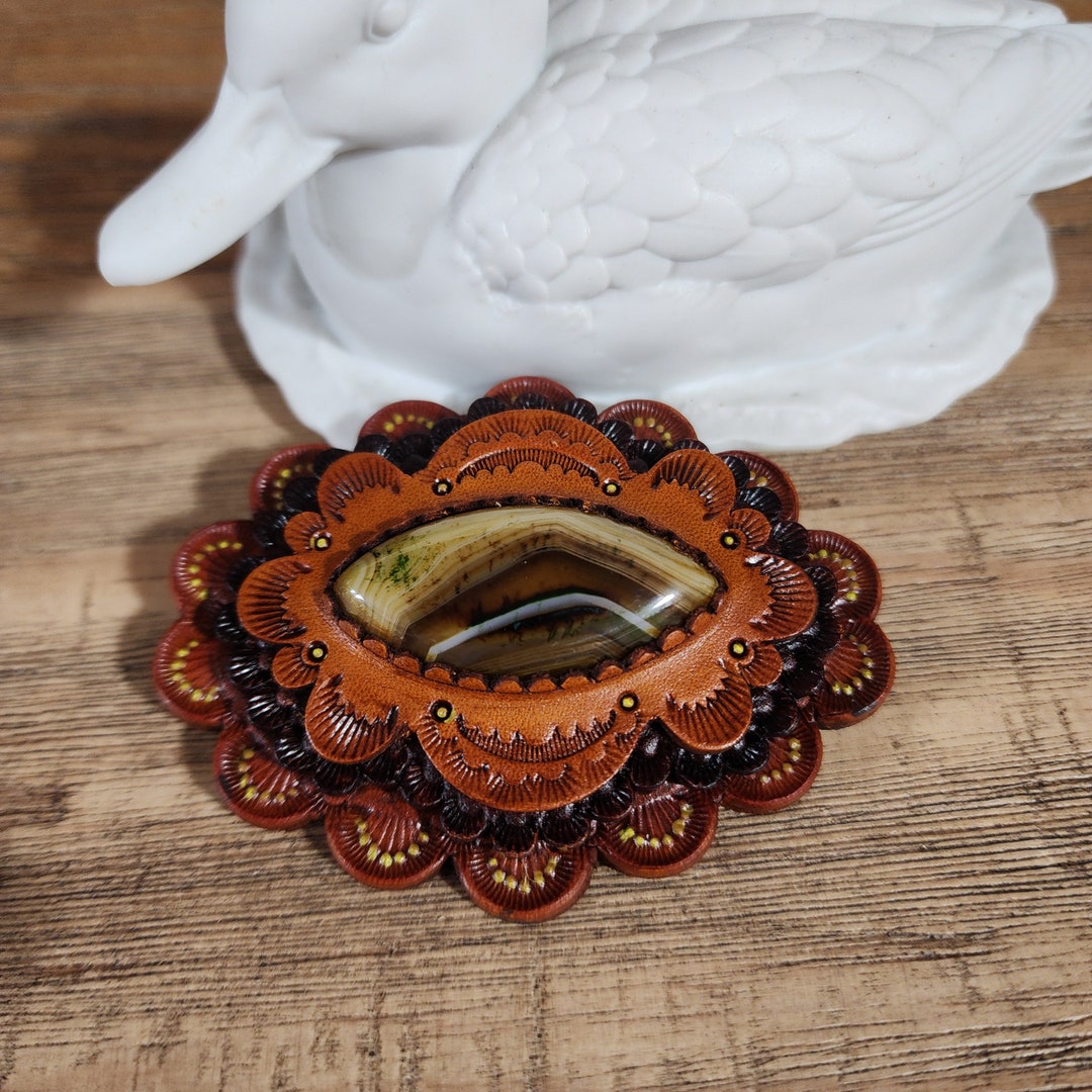 Tooled Leather Concho With Gemstones, Western Leather Concho - Etsy