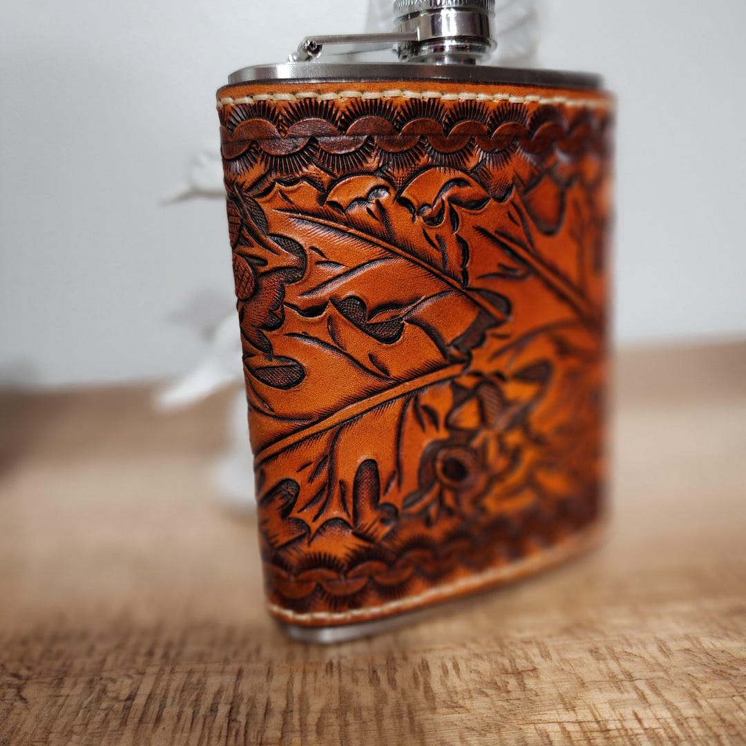 Flask With Western Themed Tooled Leather Wrap, Tooled Leather Flask - Etsy