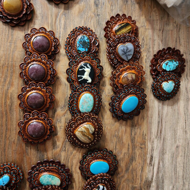 Handmade Tooled Leather Western Conchos With Quartz Stone Inlay - Etsy