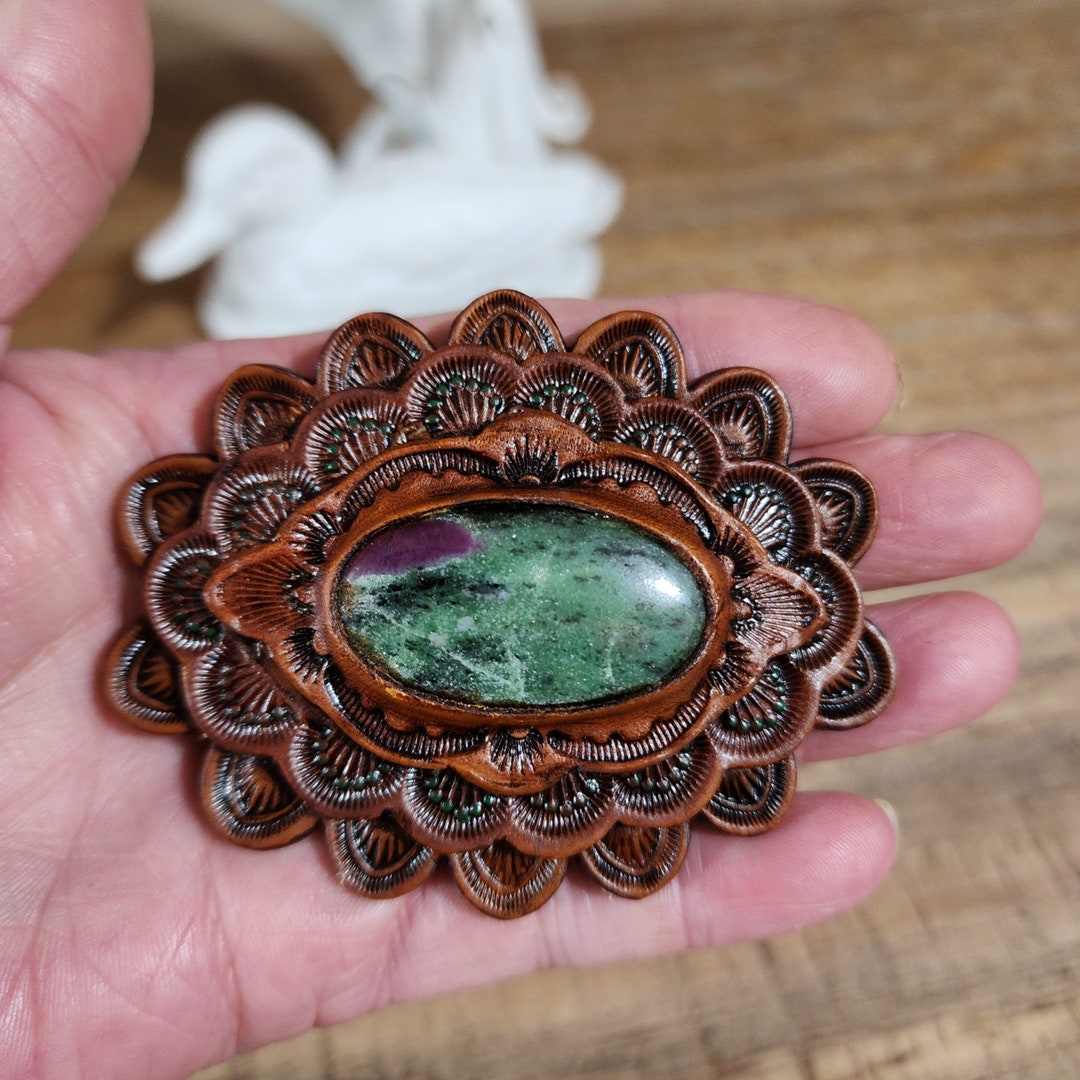 Tooled Leather Conchos With Gemstone Inlay for Bags, Accessory ...